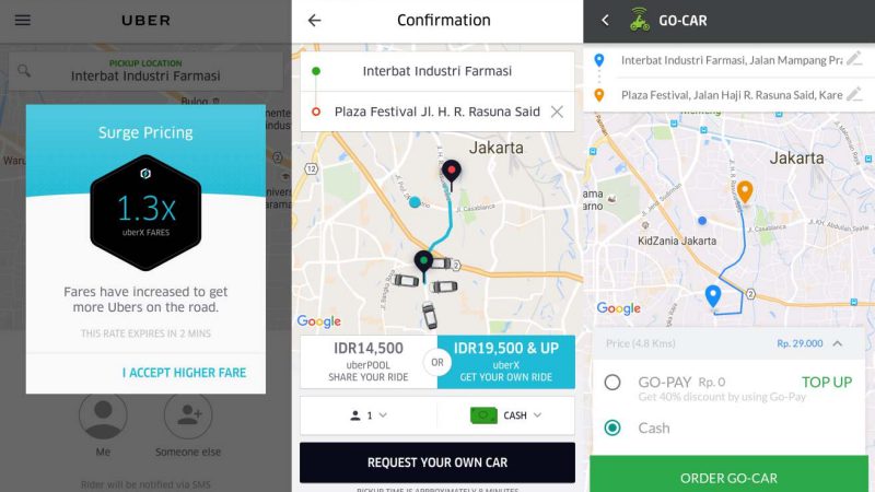 Perbandingan Tarif Uber, GrabCar, dan GO-CAR Saat Musim Hujan
